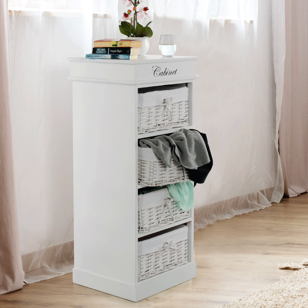 Comoda din lemn cu 4 cosuri din rachita alb Blanco 45x40x104 cm - Decorer