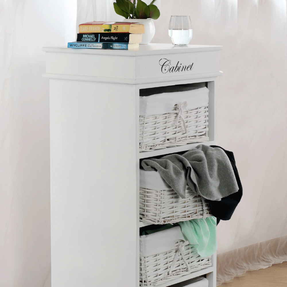 Comoda din lemn cu 4 cosuri din rachita alb Blanco 45x40x104 cm - Decorer