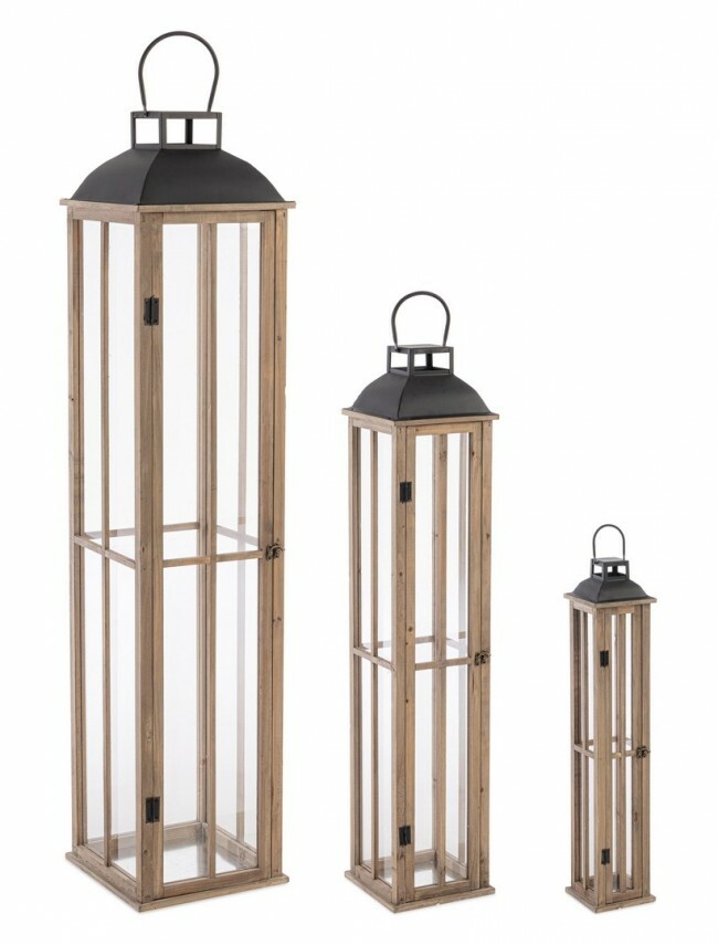 Set 3 felinare lemn metal sticla Shayra 15.5x15.5x77 cm, 22x22x104 cm ...