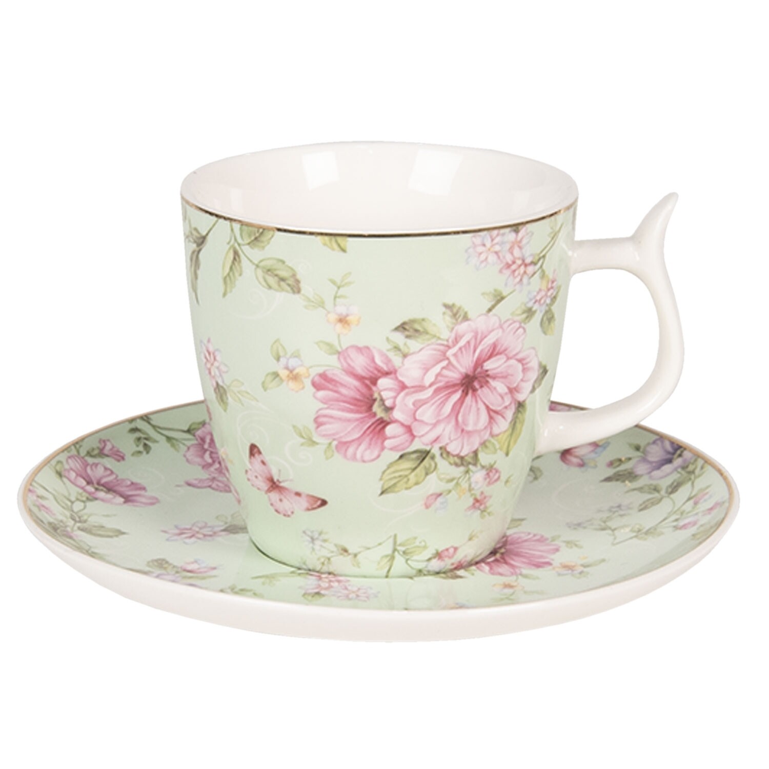 Ceasca cu farfurioara portelan verde roz Roses Ø 7 x 7 cm 0,16L - Decorer