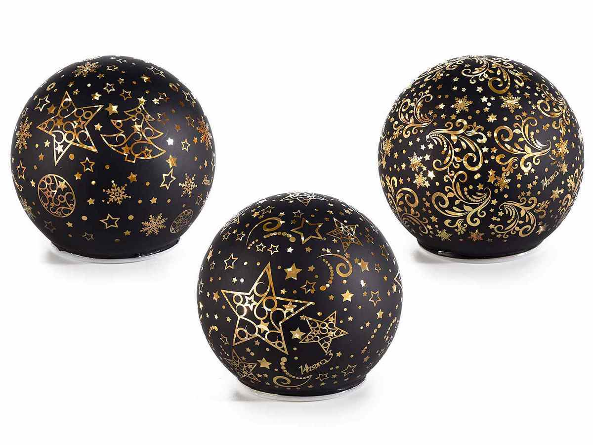 Set 3 sfere decorative sticla neagra aurie cu led Ø 10 cm x 9 H - Decorer