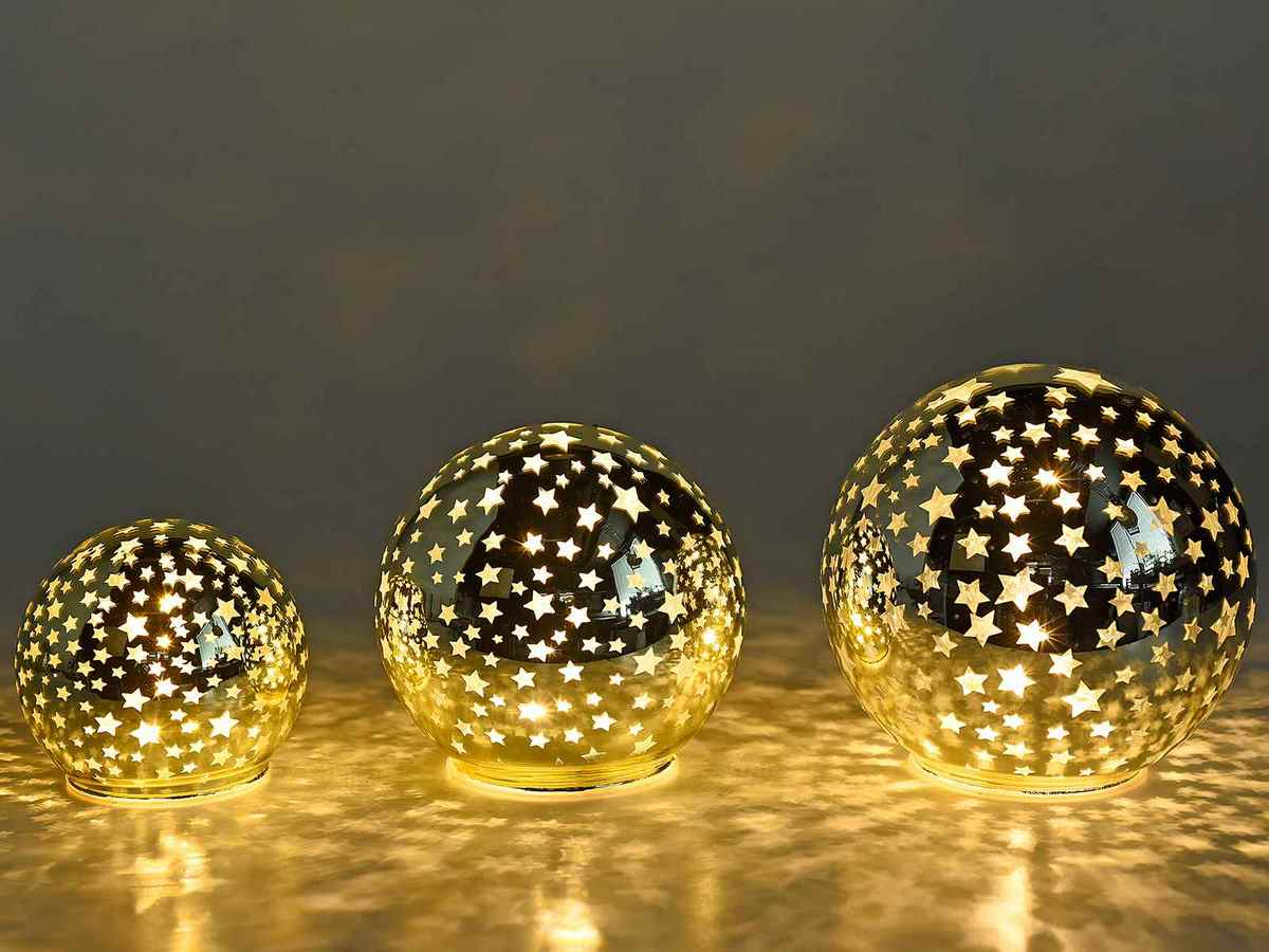 Set 3 sfere Stelute aurii cu led 10x9 cm, 13x12 cm, 15x14 cm - Decorer